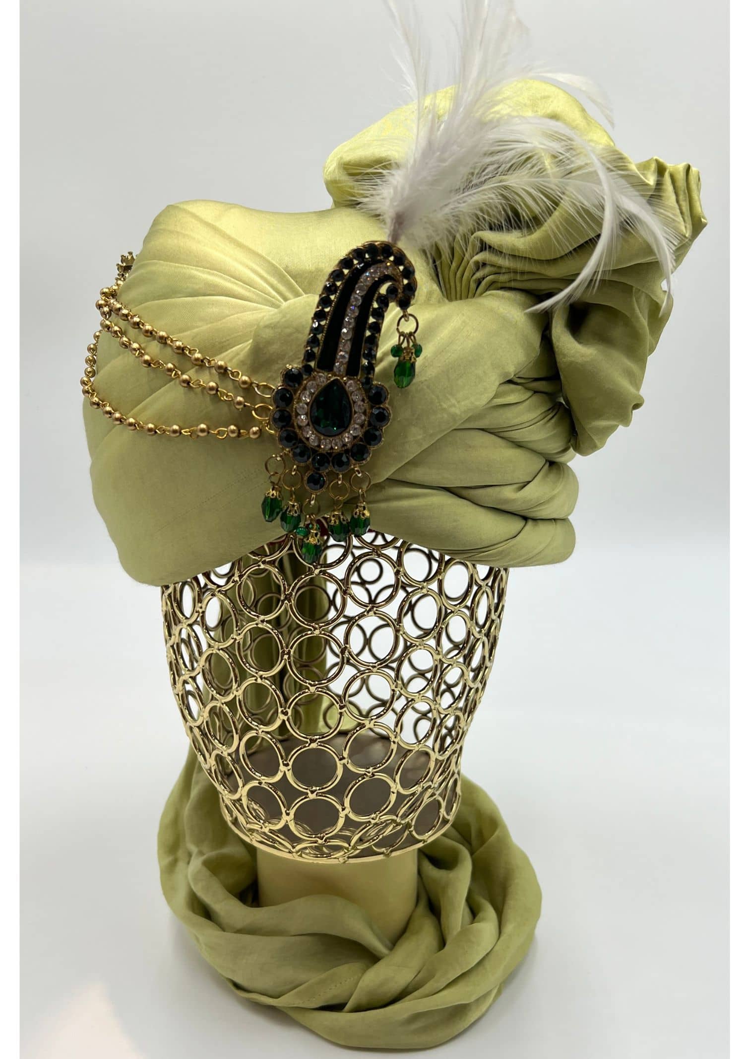 Bright Lime Green Safa Turban with Golden & Emerald Kalgi - GetEthnic