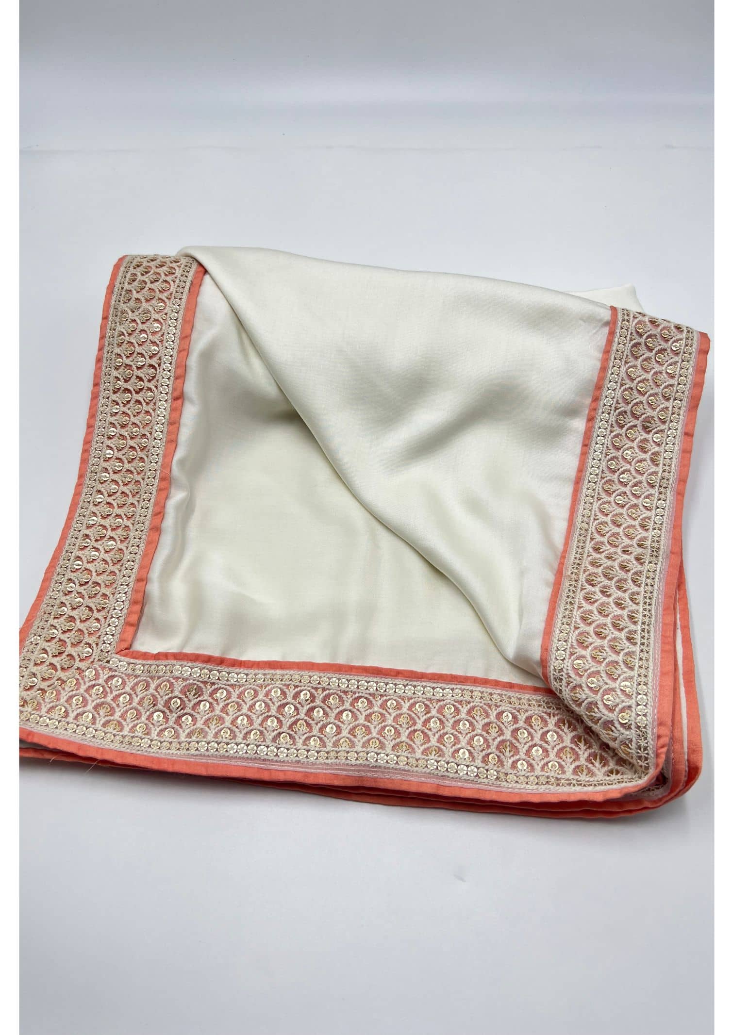 Cream Shawl with Dusty Coral Fishscale Embroidery Border - GetEthnic