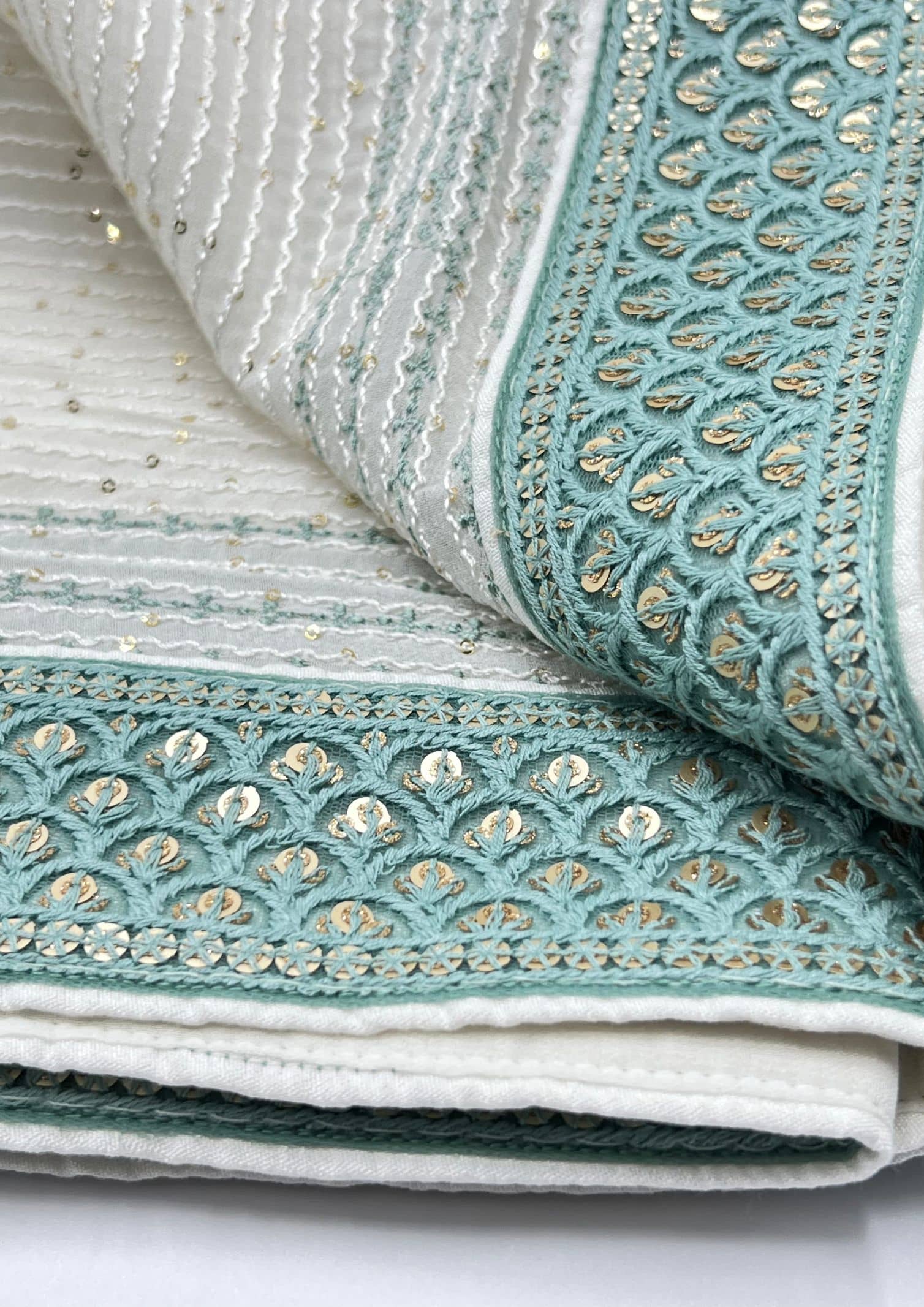 Ivory Sequinned Textured Shawl with Dusky Aqua Fishscale Embroidery ...