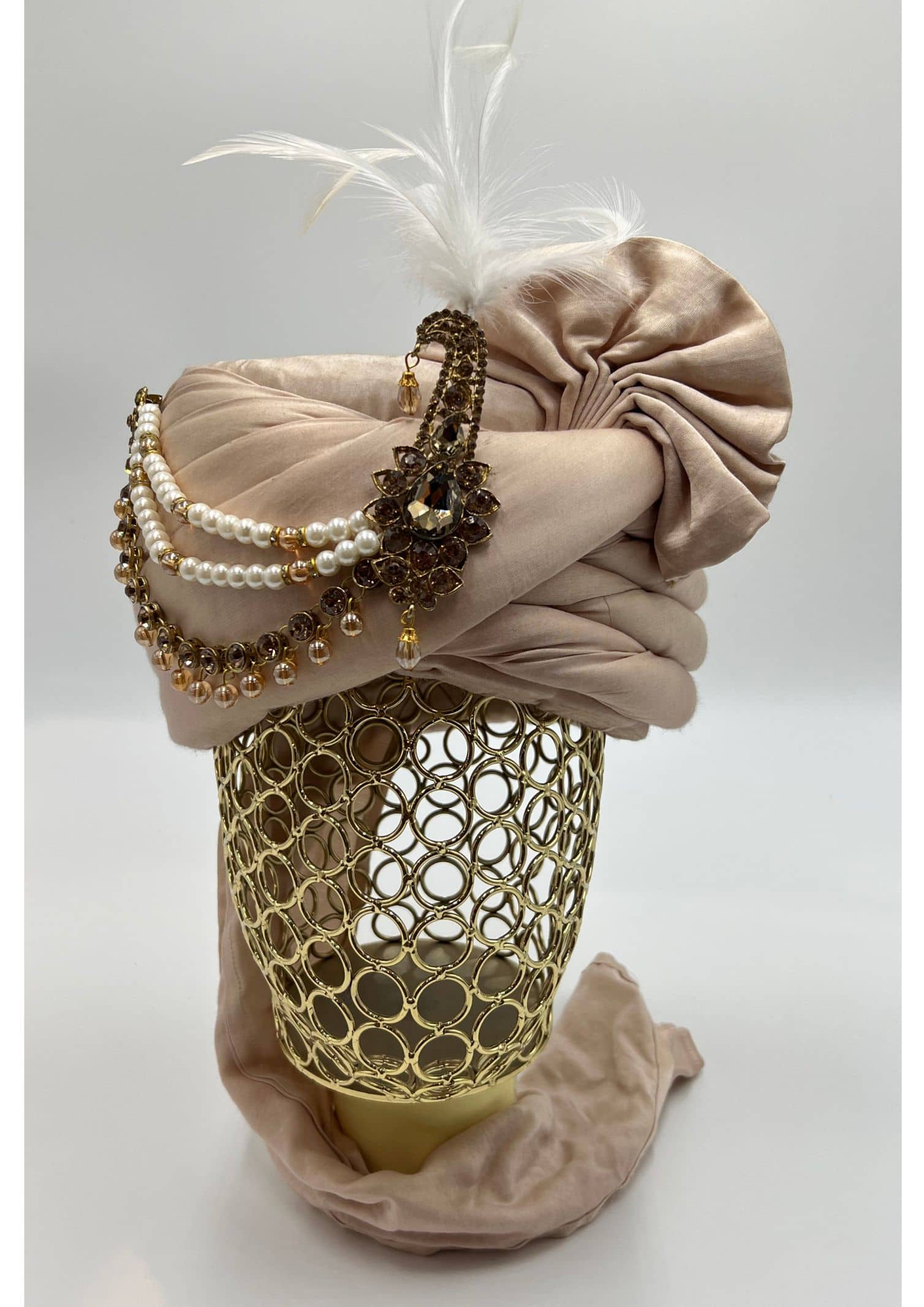 Nude Pink Safa Turban with Gold Tone Kundan & Pearls Kalgi - GetEthnic