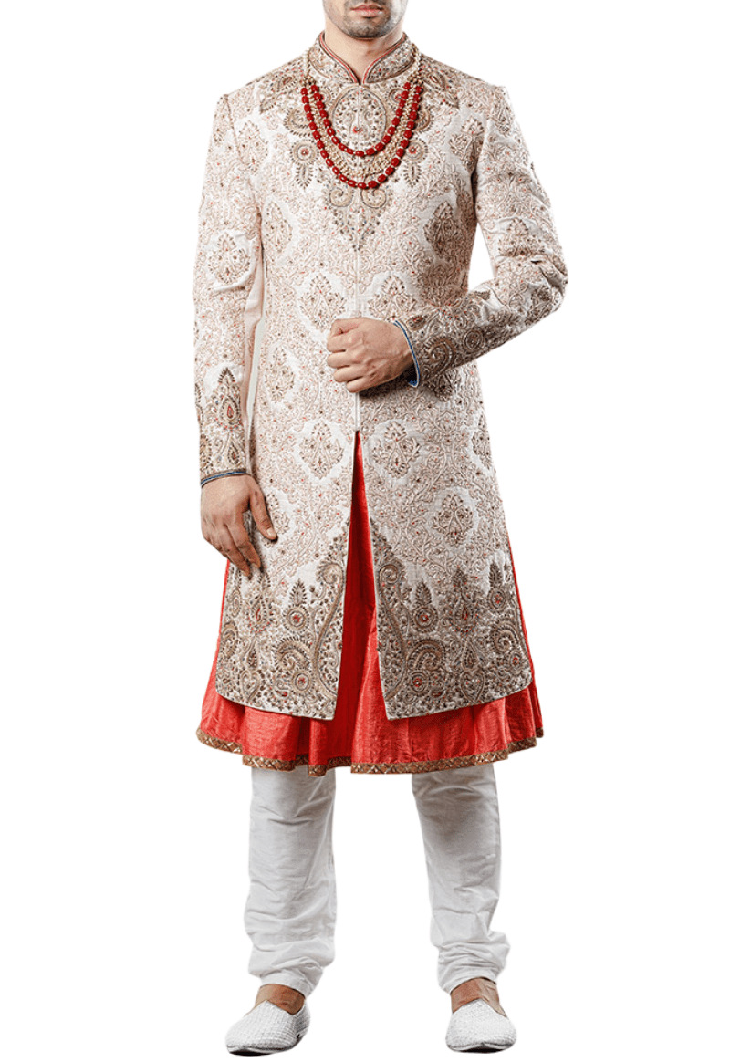 Pure Silk Anarkali Wedding Sherwani in Cream and Gold - GetEthnic