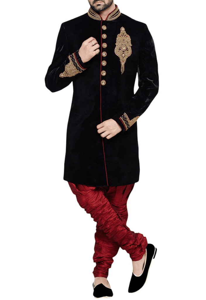 Breech-Style Sherwani Jacket in Black Velvet - GetEthnic