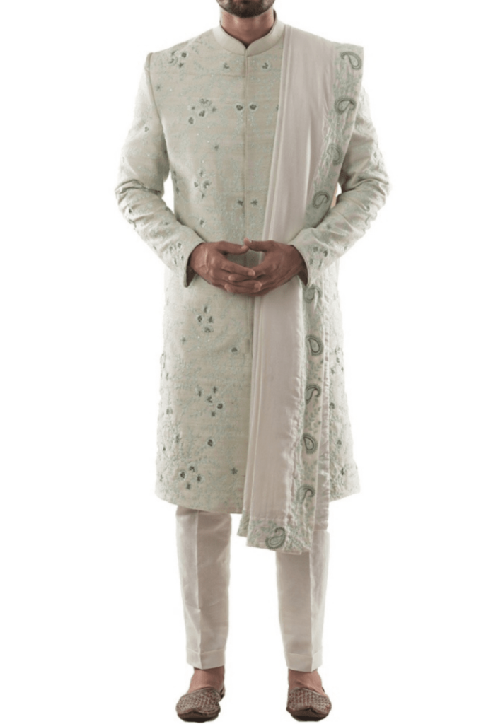 Light Pastel Toned Embroidered Kurta Style Sherwani - GetEthnic