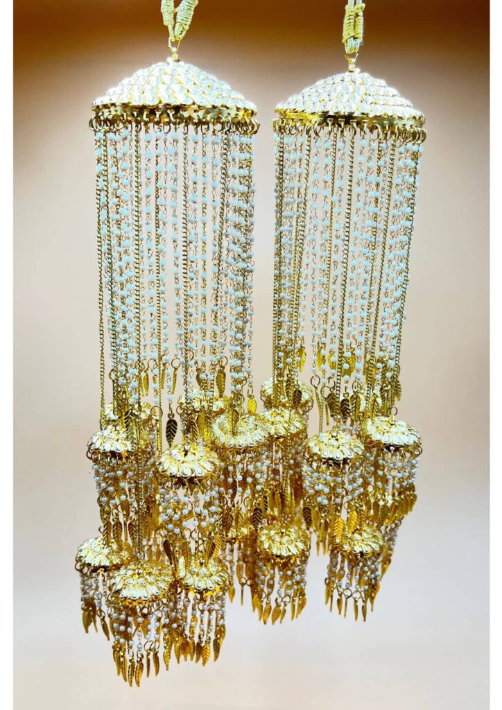 Studded Dome Pearl Strings Gold Tone Bridal Kalire with Tiered Leaf ...