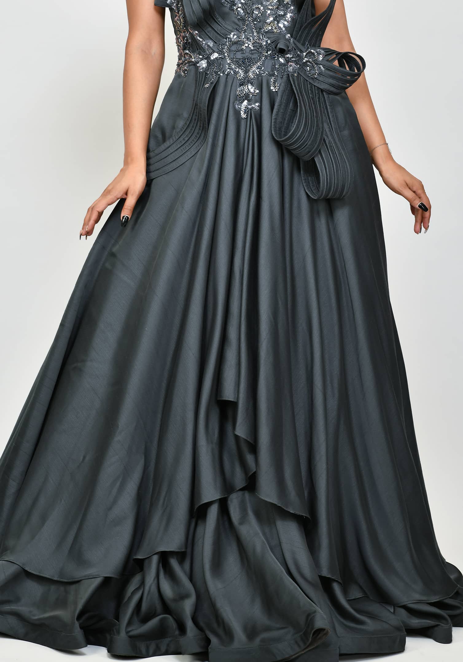 Midnight Grey Floral Embroidery Structured Layered Gown - GetEthnic