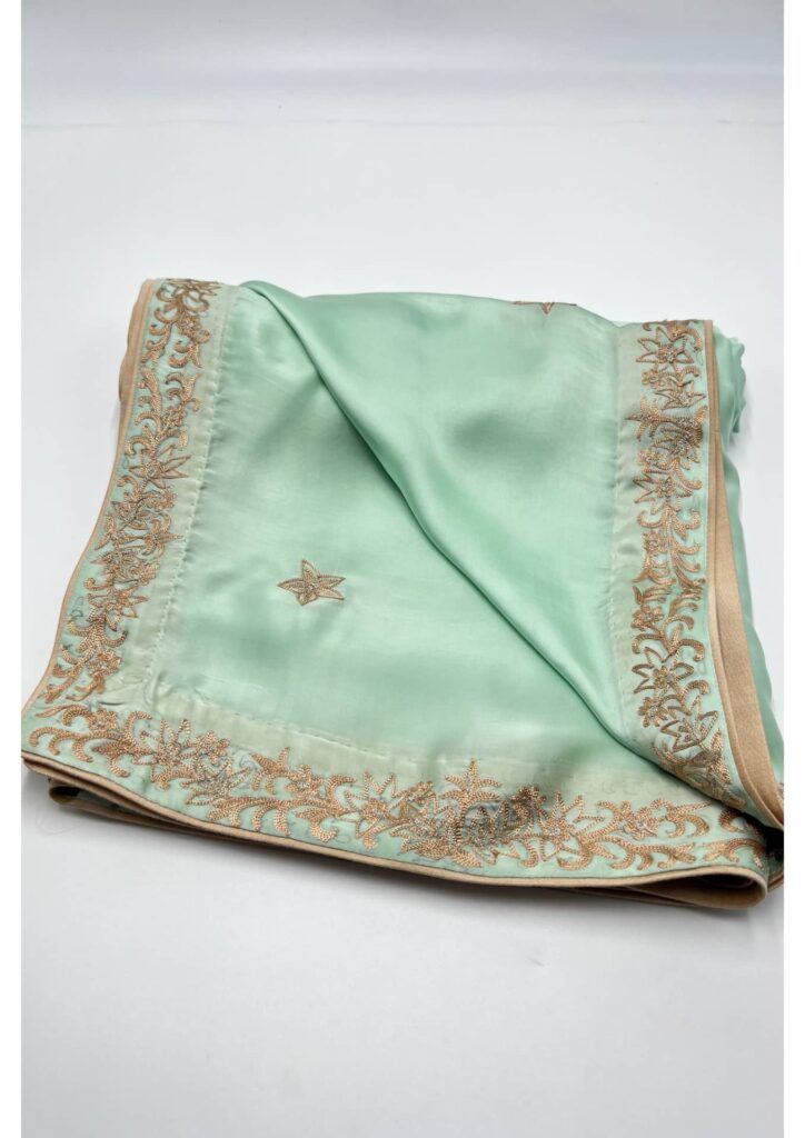 Mint Green Shawl with Golden Mughal Embroidery Motifs and Border ...