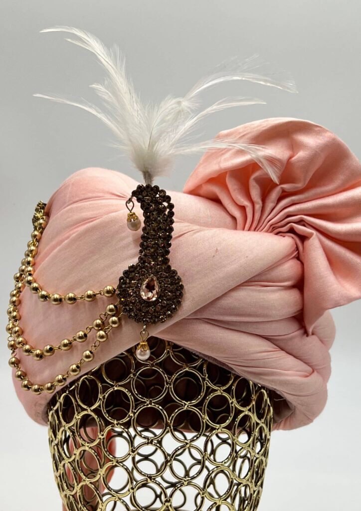 Pastel Pink Safa Turban with Golden Pearls Kalgi - GetEthnic