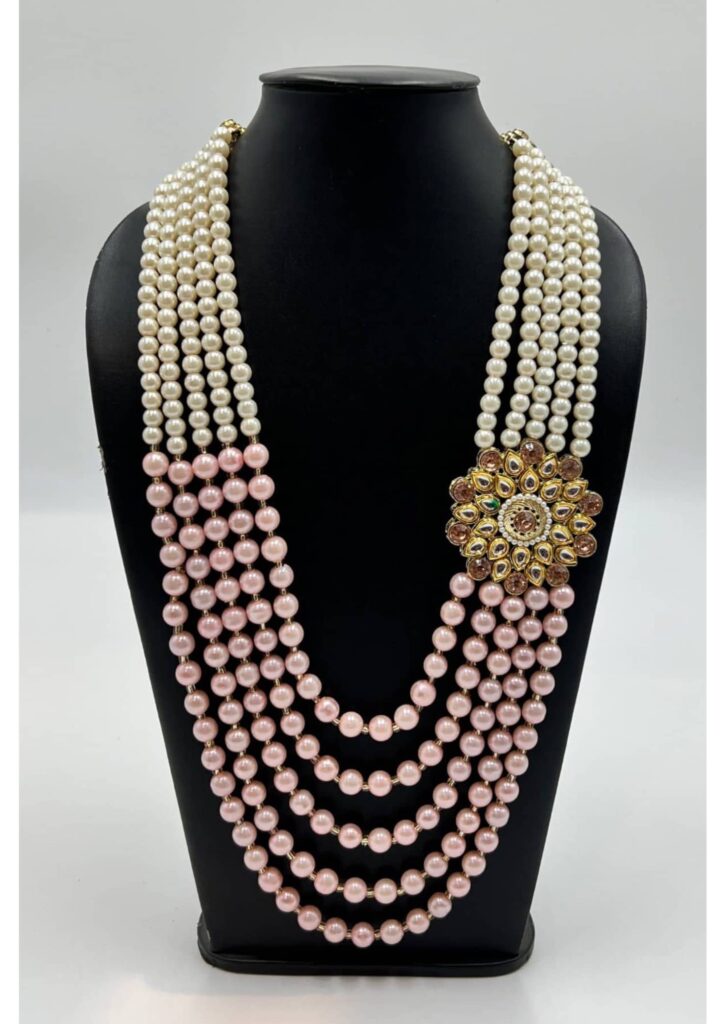 Cream & Pink Pearls Layered Moti Mala - GetEthnic