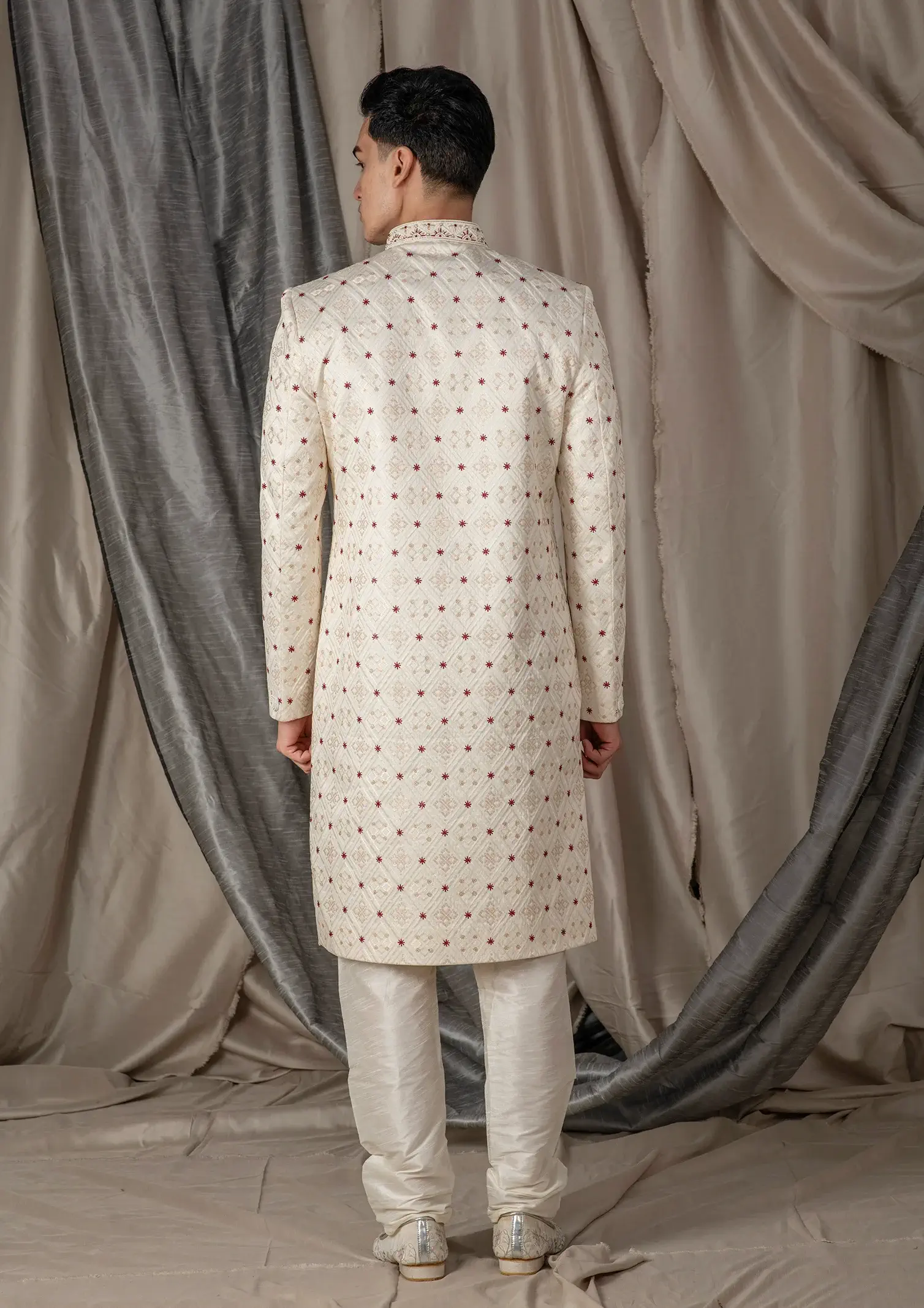 Elegant White Silk Sherwani with Intricate Embroidery - GetEthnic