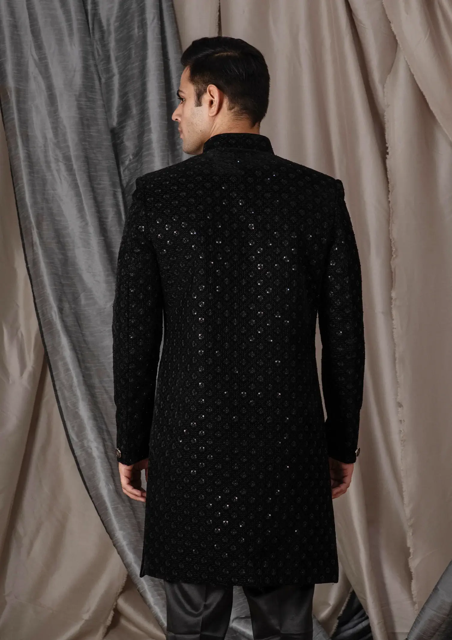Black Sherwani with Intricate Embroidery - GetEthnic