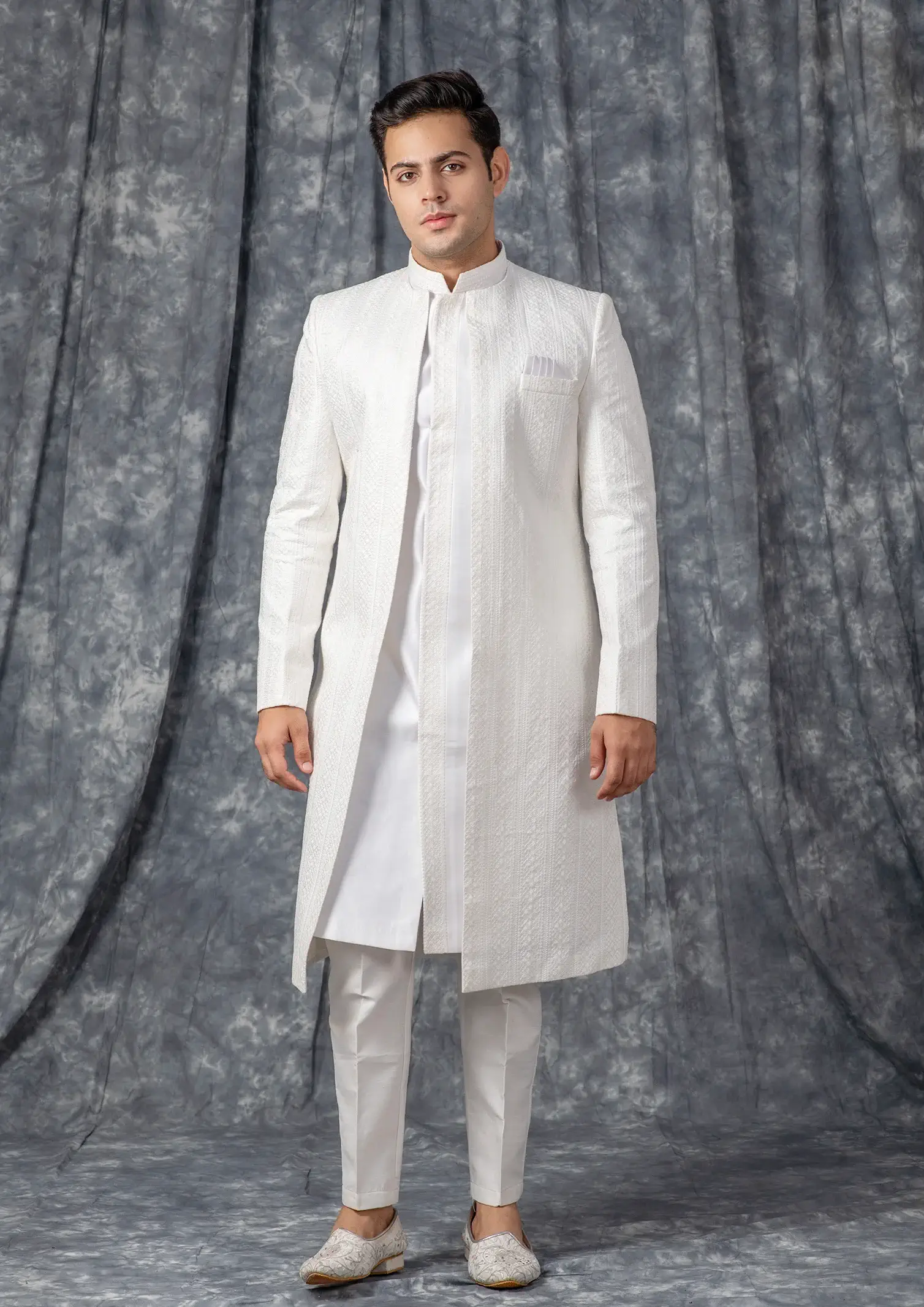 White Intricate Embroidered Open Sherwani with Kurta - GetEthnic