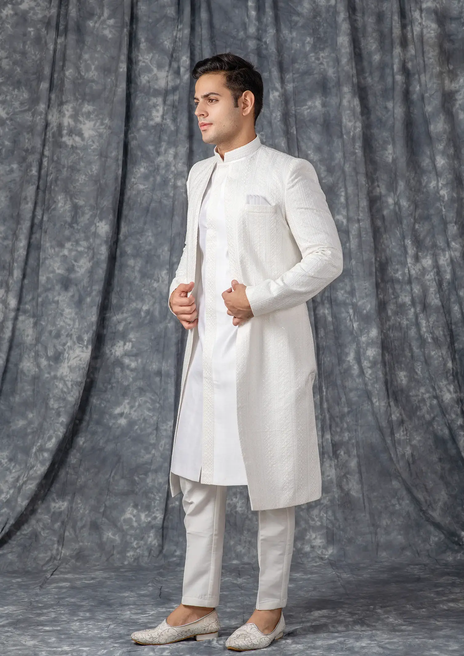 White Intricate Embroidered Open Sherwani with Kurta - GetEthnic