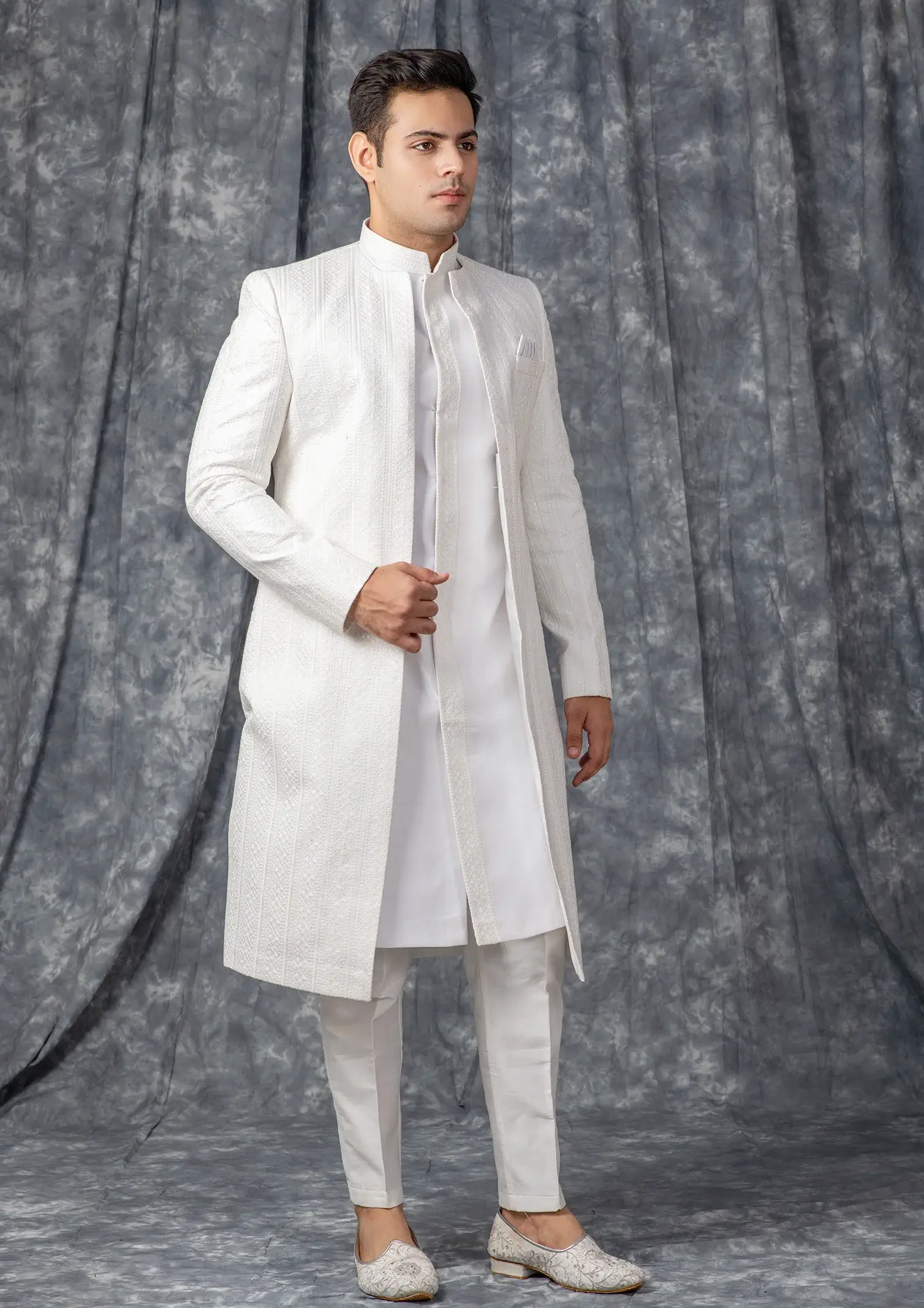 White Intricate Embroidered Open Sherwani with Kurta - GetEthnic