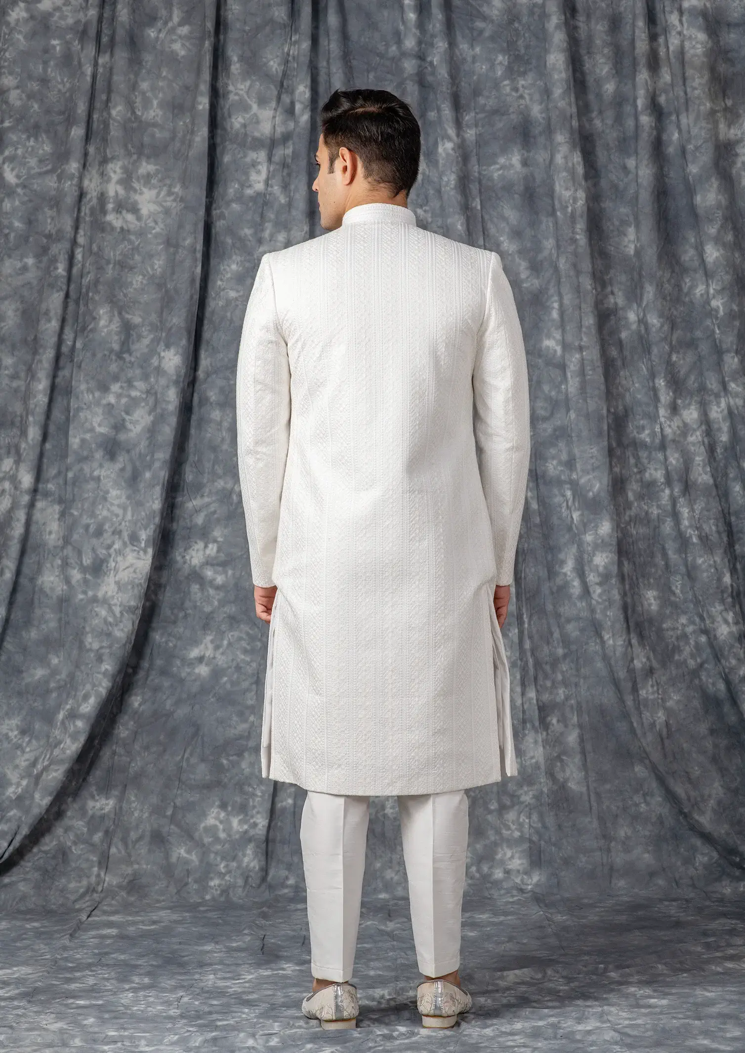 White Intricate Embroidered Open Sherwani with Kurta - GetEthnic