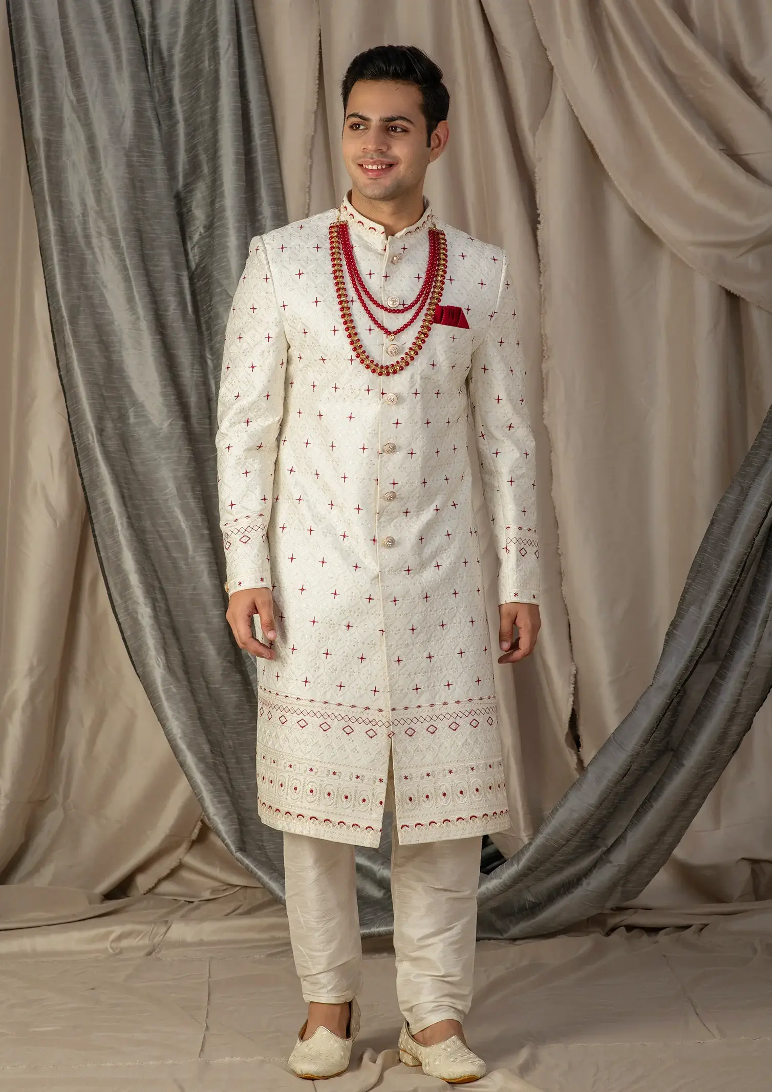 Ivory Sherwani with Beads and Zari Work - GetEthnic