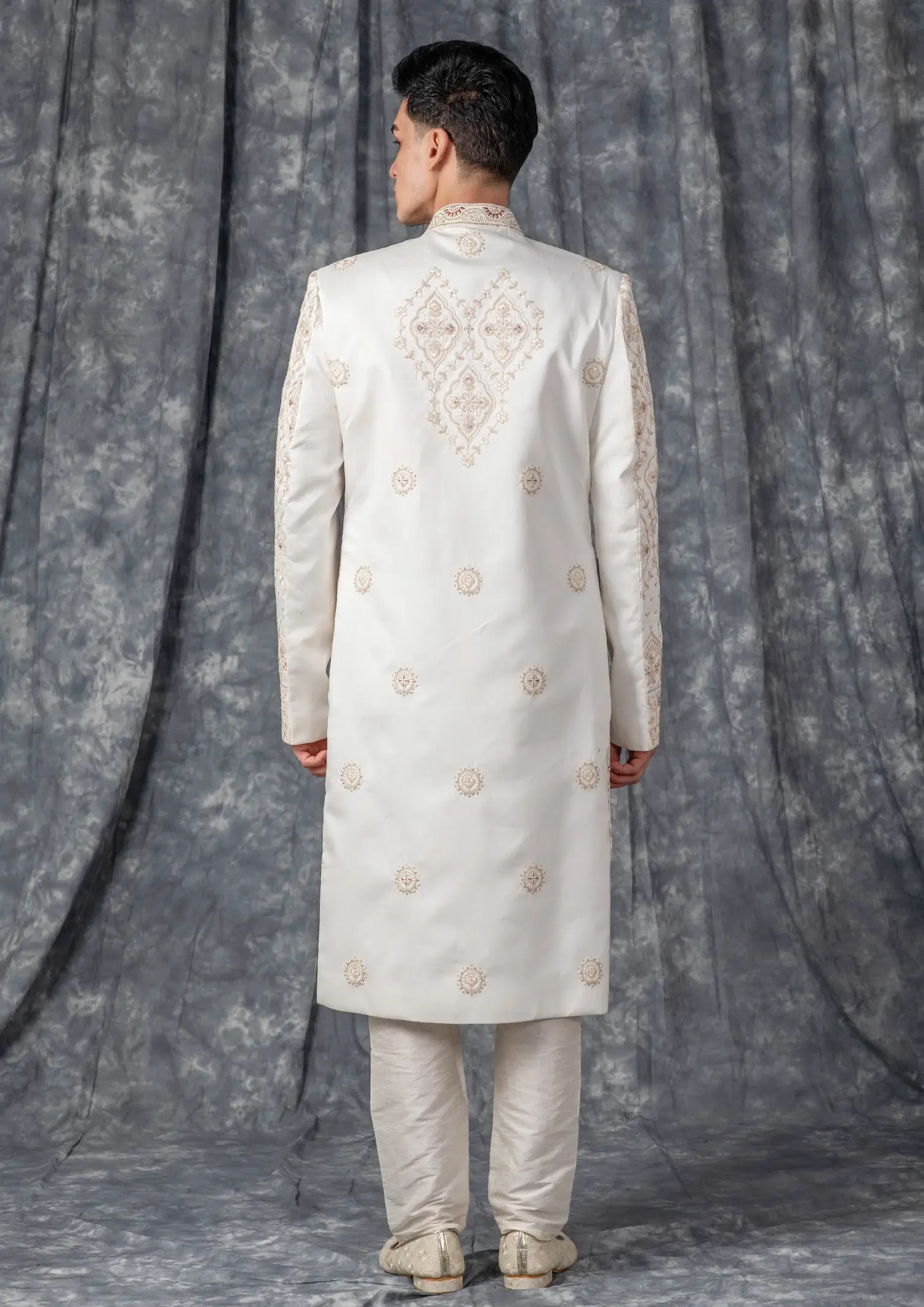 Classic Ivory Three Layer Sherwani with Gold Threadwork Embroidery ...