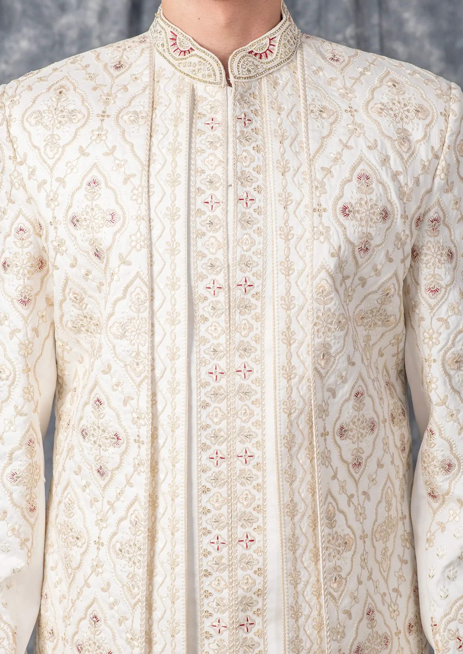 Classic Ivory Three Layer Sherwani with Gold Threadwork Embroidery ...