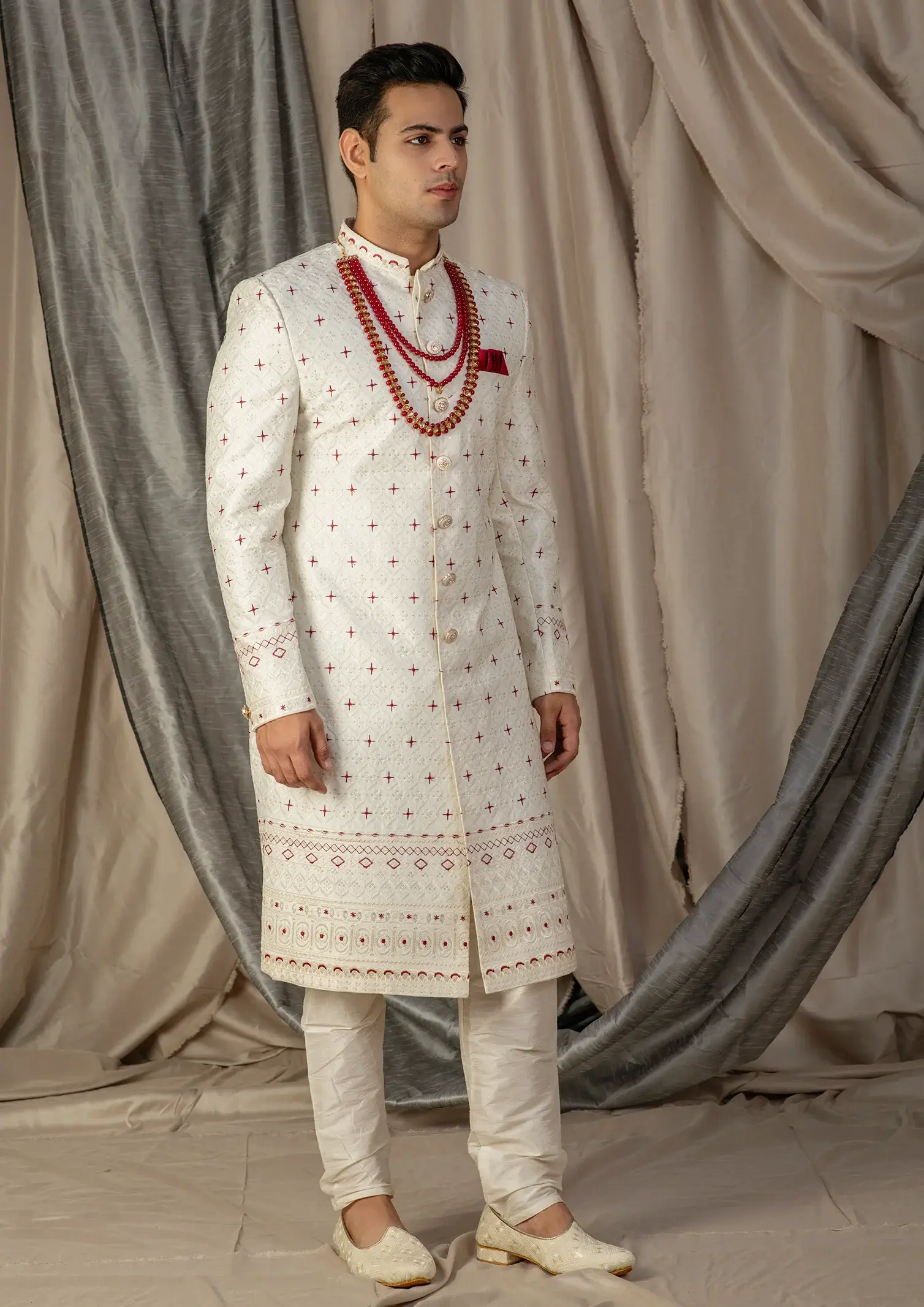 Ivory Sherwani with Beads and Zari Work - GetEthnic