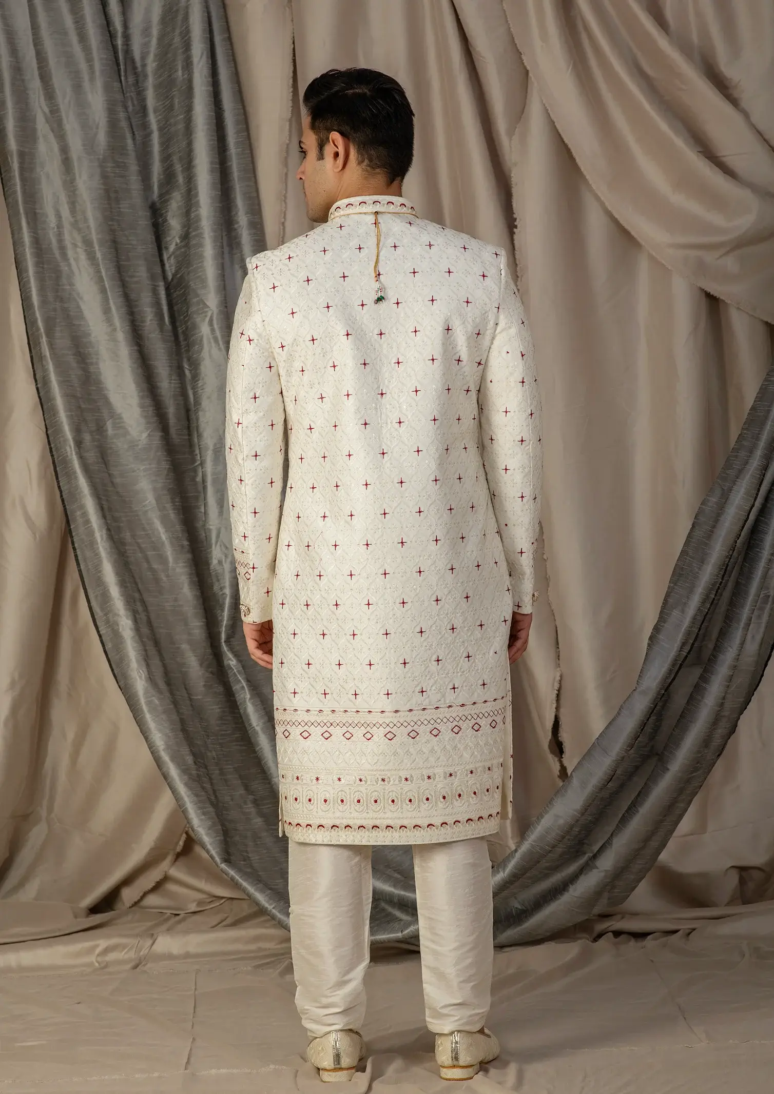 Ivory Sherwani with Beads and Zari Work - GetEthnic