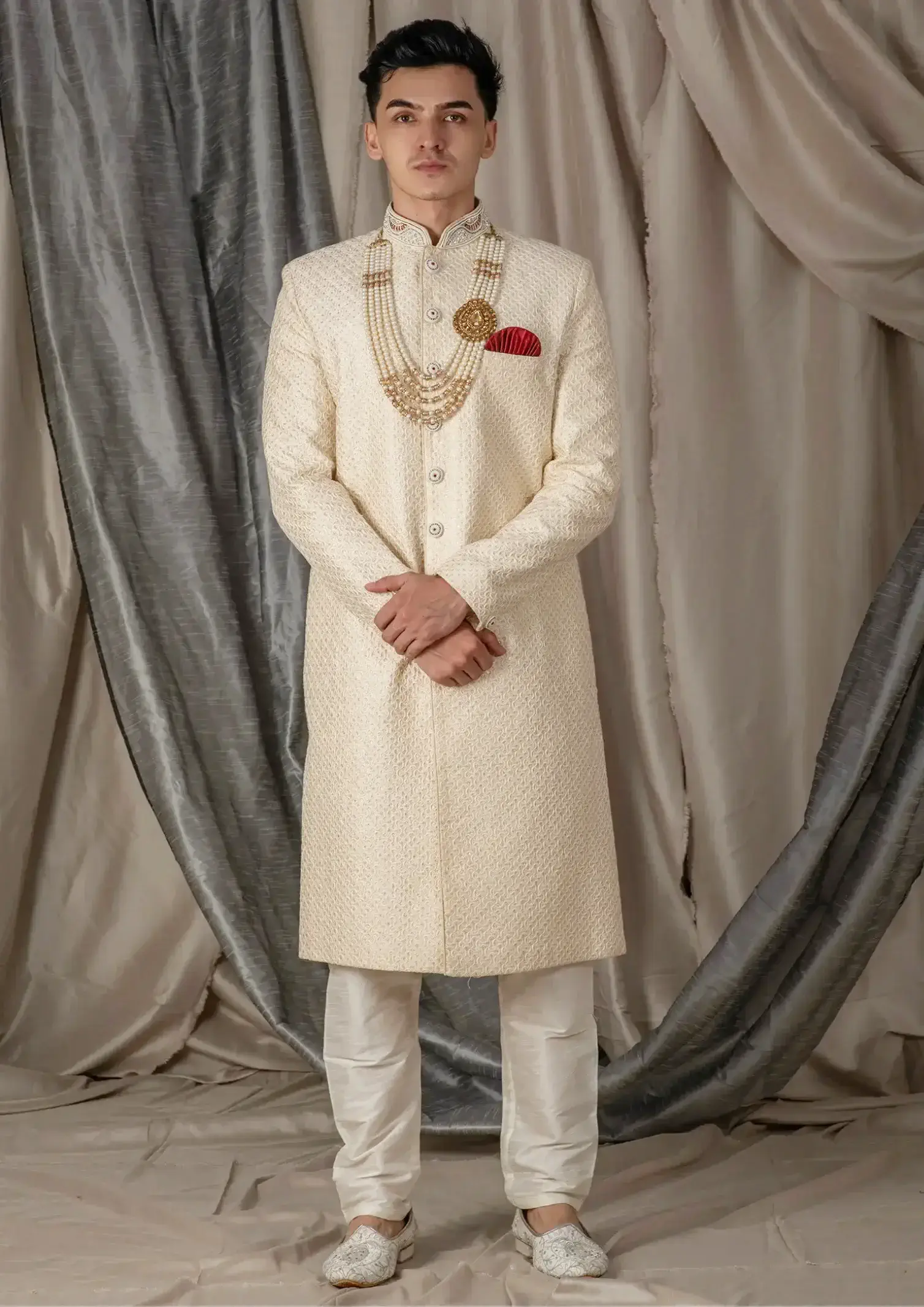 Golden Embroidered Sherwani Set with Sequins - GetEthnic