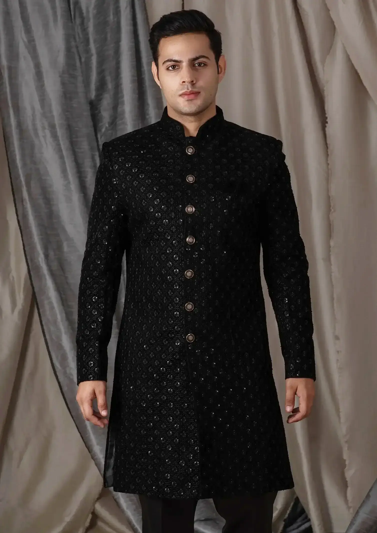 Black Sherwani with Intricate Embroidery - GetEthnic