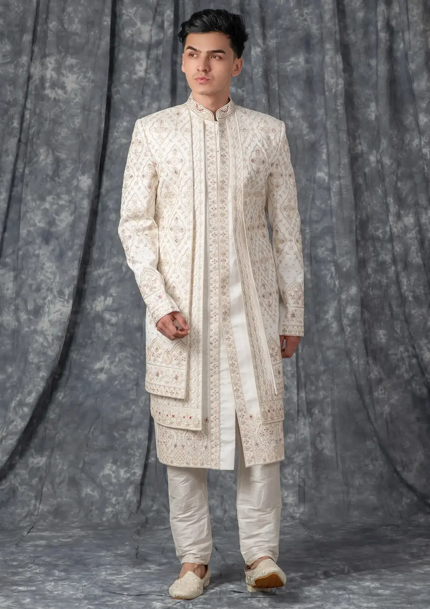 Classic Ivory Three Layer Sherwani with Gold Threadwork Embroidery ...